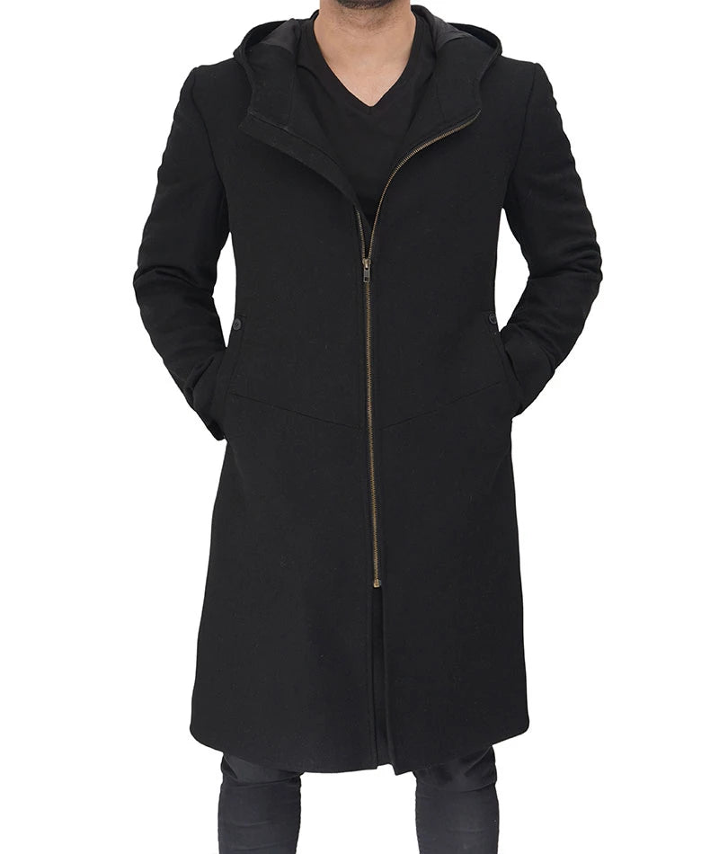 Men's Black Modern Fit Wool Hooded Coat with Zip Closure Men's Black Modern Fit Wool Hooded Coat with Zip Closure
